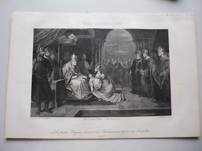 gravure N/B 19°:Le Pape EUGENE III et les ambassadeurs du roi de ...