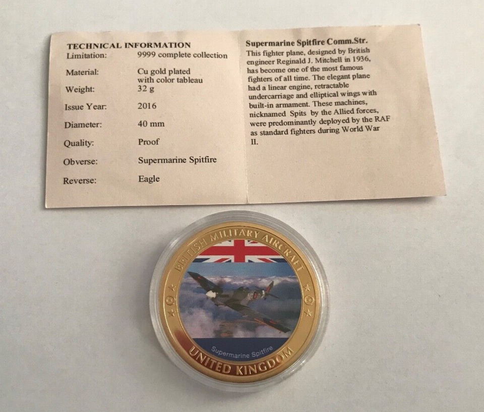 2016 British Military Aircraft Supermarine Spitfire Proof Medal 24ct ...