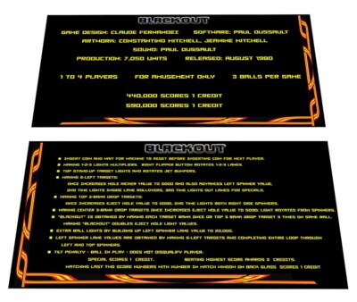 Williams Blackout Pinball Custom Apron Instruction Cards | eBay