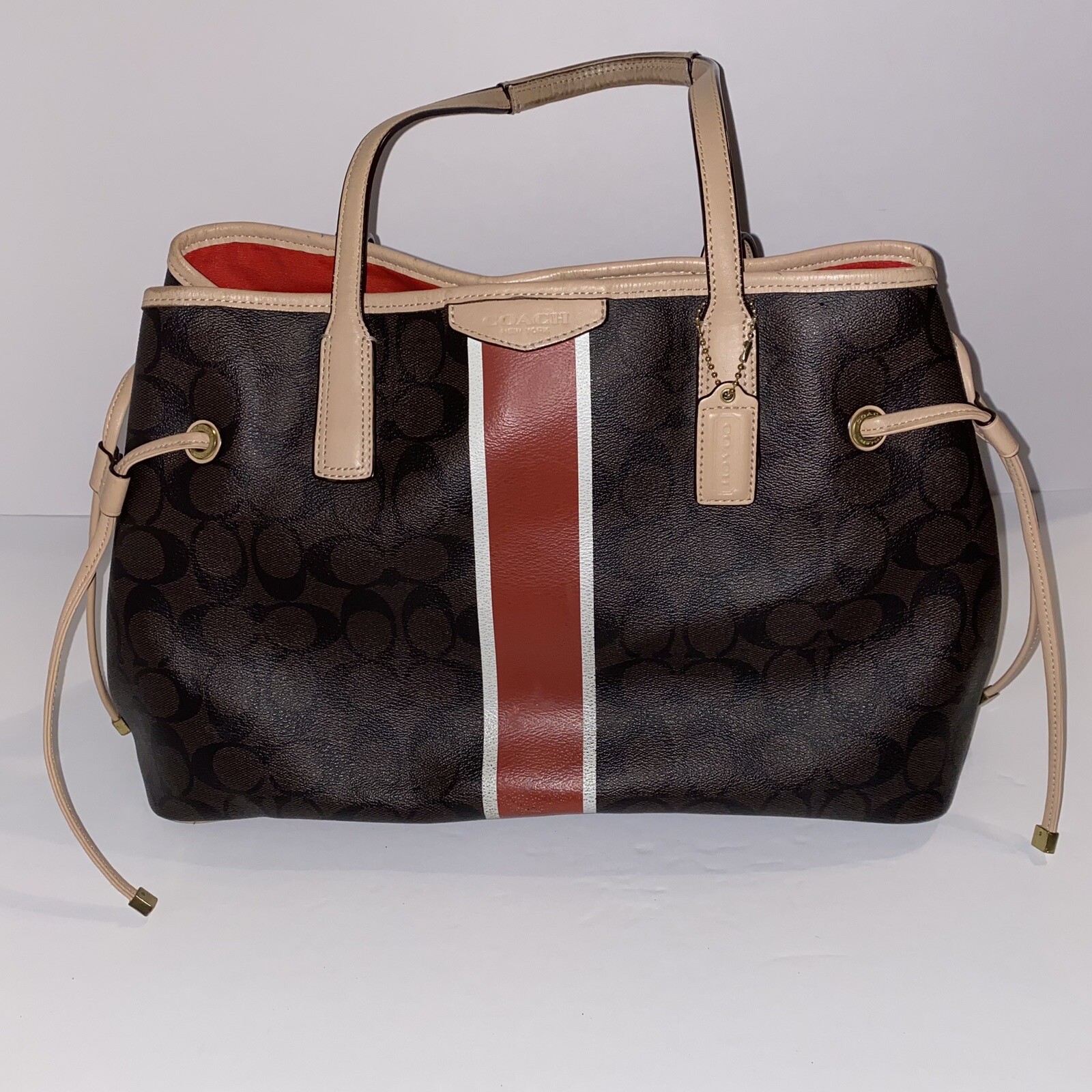 Coach Signature Jacquard Print Dark Brown Red Stripe … - Gem