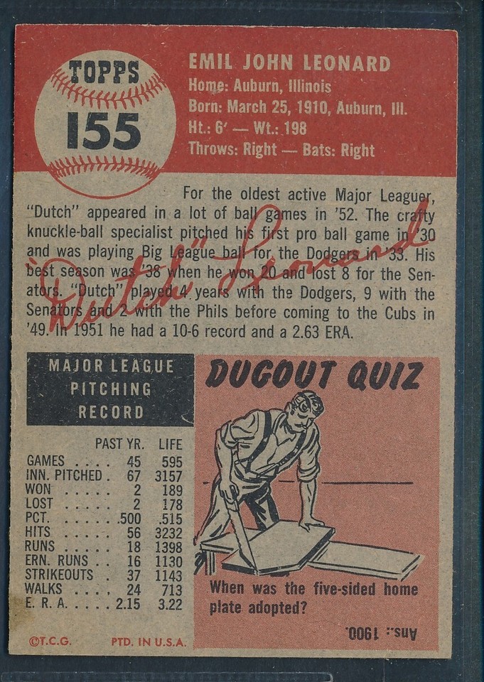 1953 Topps #155: DUTCH LEONARD Chicago Cubs (White Bio) ~ EX-MT | eBay