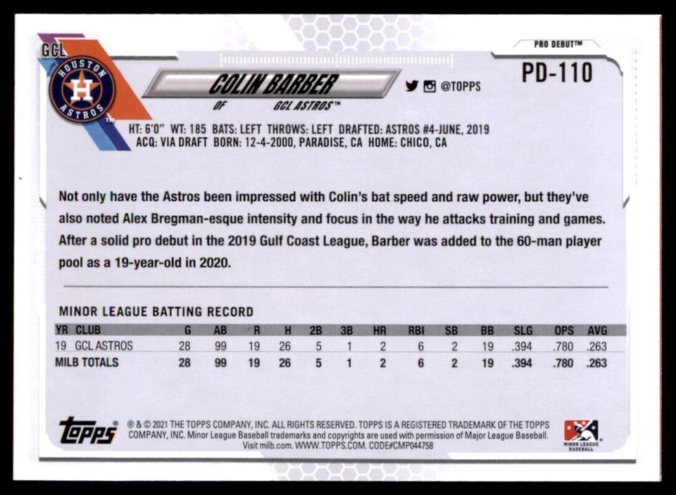 Colin Barber 2021 Topps Pro Debut Rookie Card RC #PD-110 GCL Astros | eBay