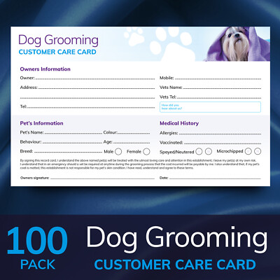Dog Grooming Customer Care Record Cards - Contract Cards - 100x Pack ...