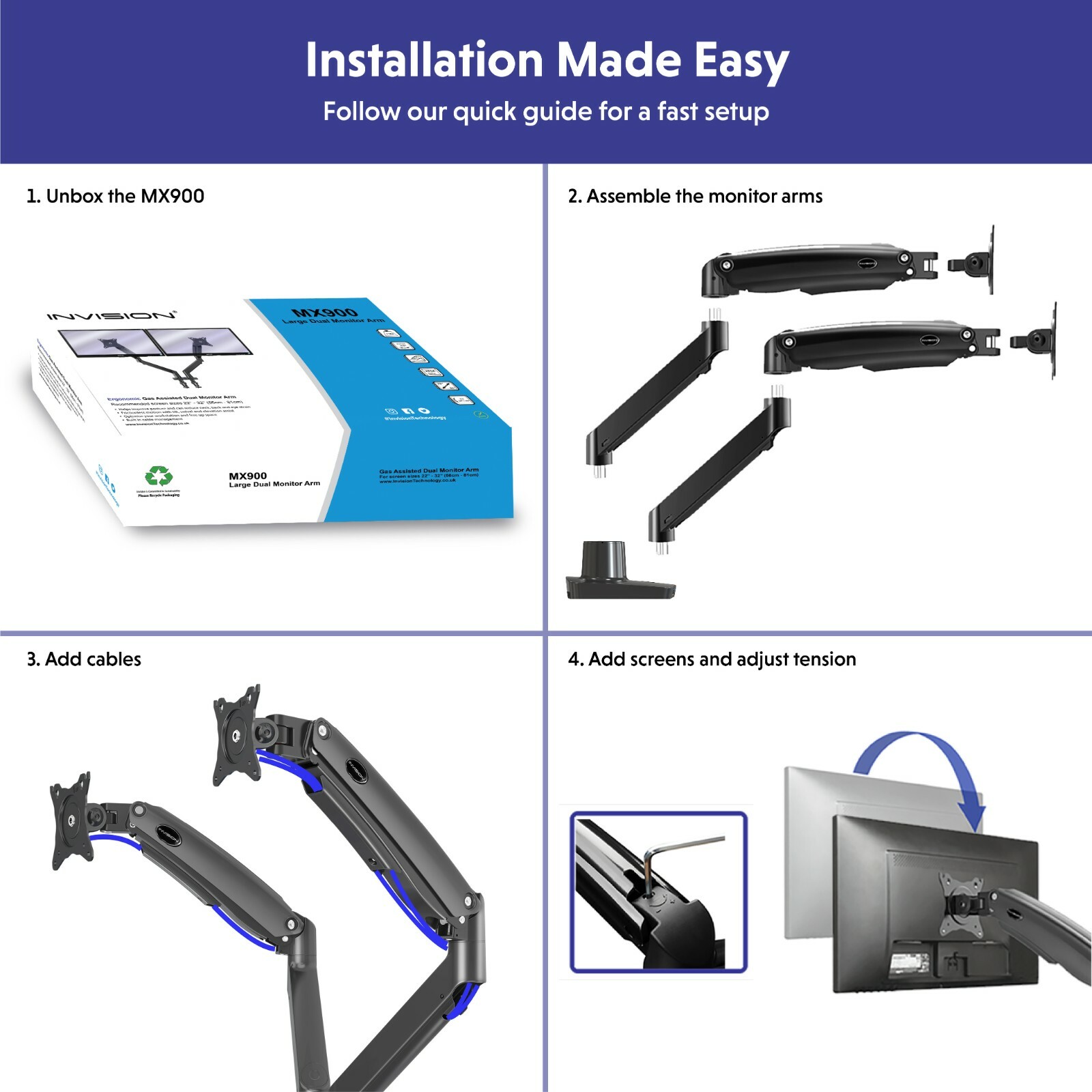 Invision 22"-32" Screens Dual PC Monitor Arm Bracket Desk Stand Mount ...