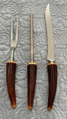 Vtg 3 Piece Faux Stag Meat Carving Set Forgecraft Stainless USA Made In ...