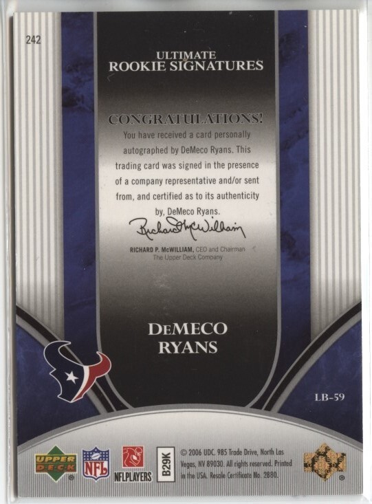 2006 Ultimate Rookie Signatures SP # 96/275 Demeco Ryans Autograph ...