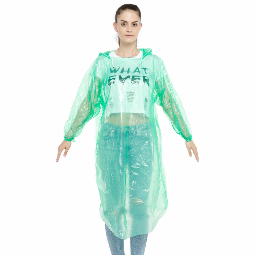 5x Disposable Hooded PE Raincoat Poncho Plastic Rain Coat Rainwear ...