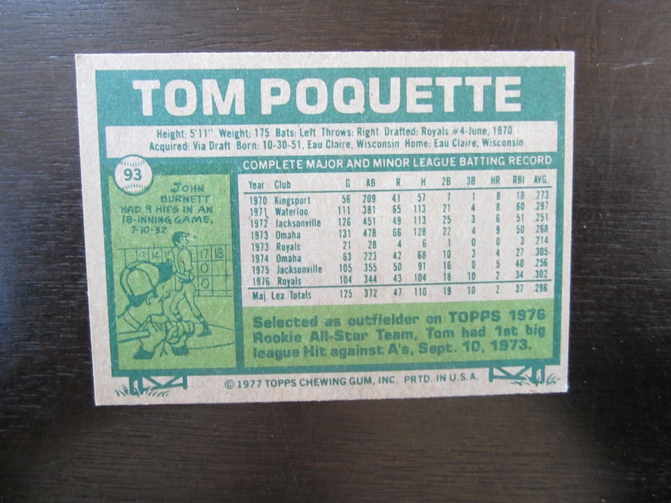 1977 Topps # 93 Tom Poquette Autograph Signed Card (B) Kansas City ...