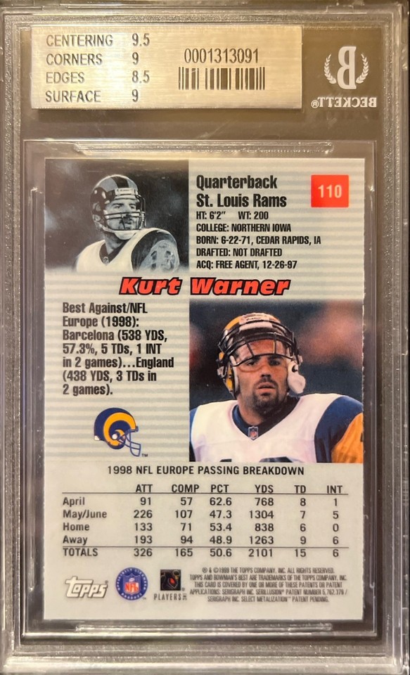1999 NFL Bowman's Best St. Louis Rams Kurt Warner Rookie Card 110 ...