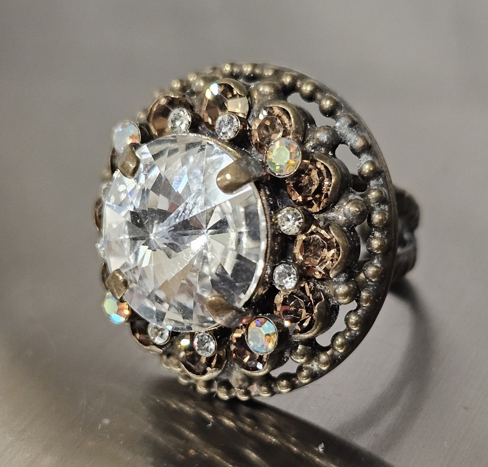 Sorrelli Clear Crystal Solitaire Amber Rhinestone Brass Cluster ...