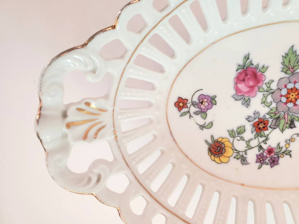 Vintage Reticulated Porcelain Dish Oval Germany Florals Scalloped ...