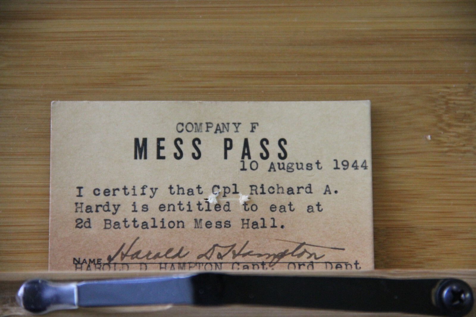 Pass Mess Pass. Company F August 10 1944 Ordnance Dept War era vintage ...