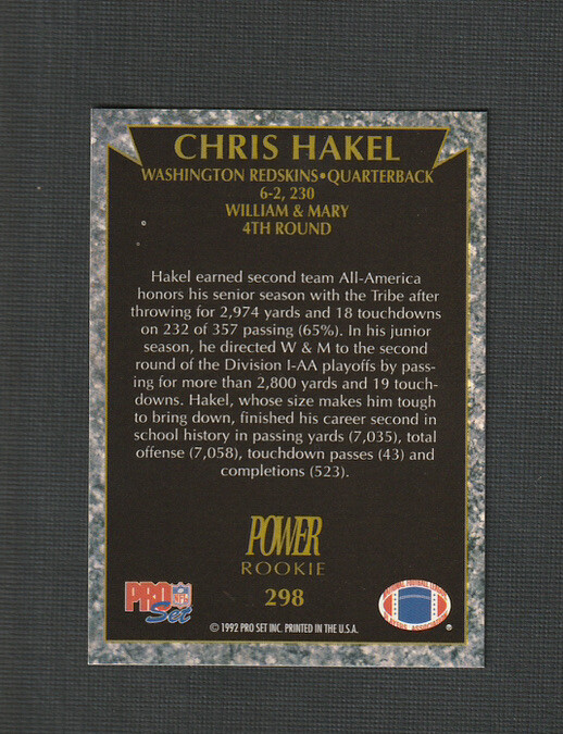 1992 Pro Set Power Chris Hakel Rookie #298 Washington Redskins | eBay