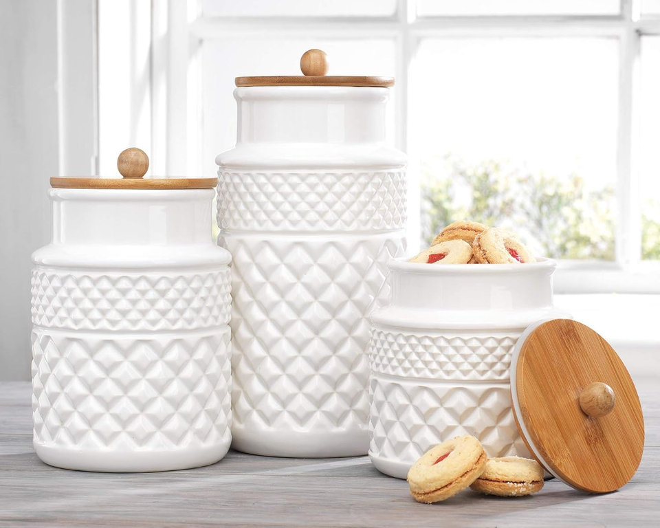 Mosjos Set of 3 White Canisters Embossed Faceted Ceramic, 3 round Jars with Bamb | eBay