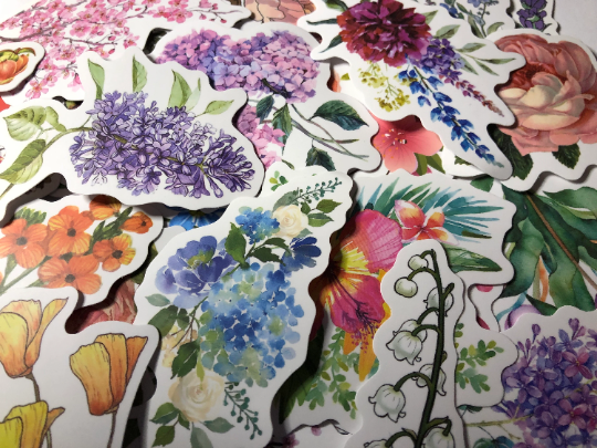 Set of 10 Flower stickers, assorted, flower decal, scrapbook stickers ...