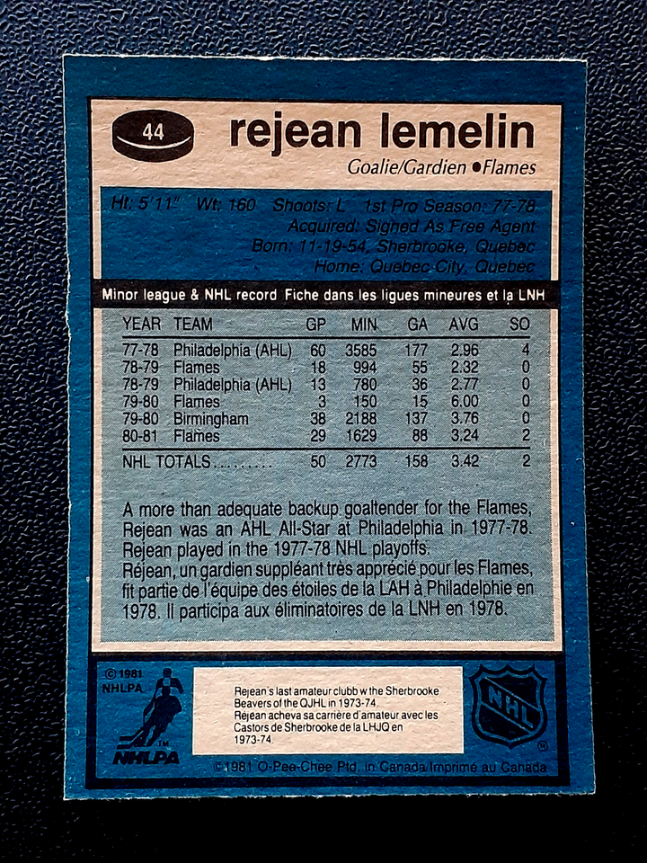 REJEAN LEMELIN RC 1981-82 O-PEE-CHEE 81-82 #44 NRMINT+ | eBay