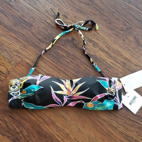 NWT Moschino Black Floral Birds of Paradise Bandeau Halter Tie Bikini ...