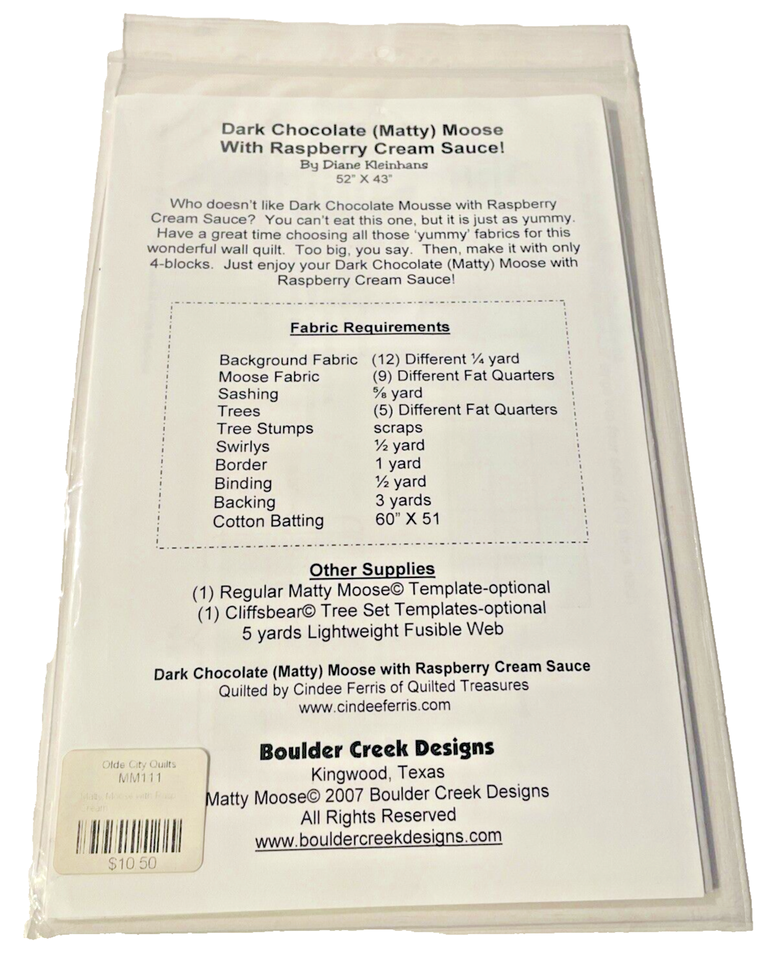 Boulder Creek Designs Dark Chocolate Matty Moose Pieced Quilt Pattern ...