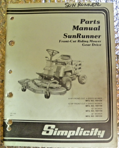 1986 Simplicity Parts Manual SunRunner Front Cut Riding Mower Gear ...