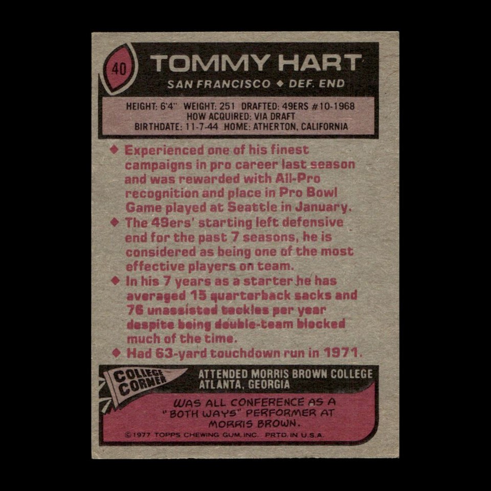 Tommy Hart 1977 Topps San Francisco 49ers #40 R324C 19 | eBay