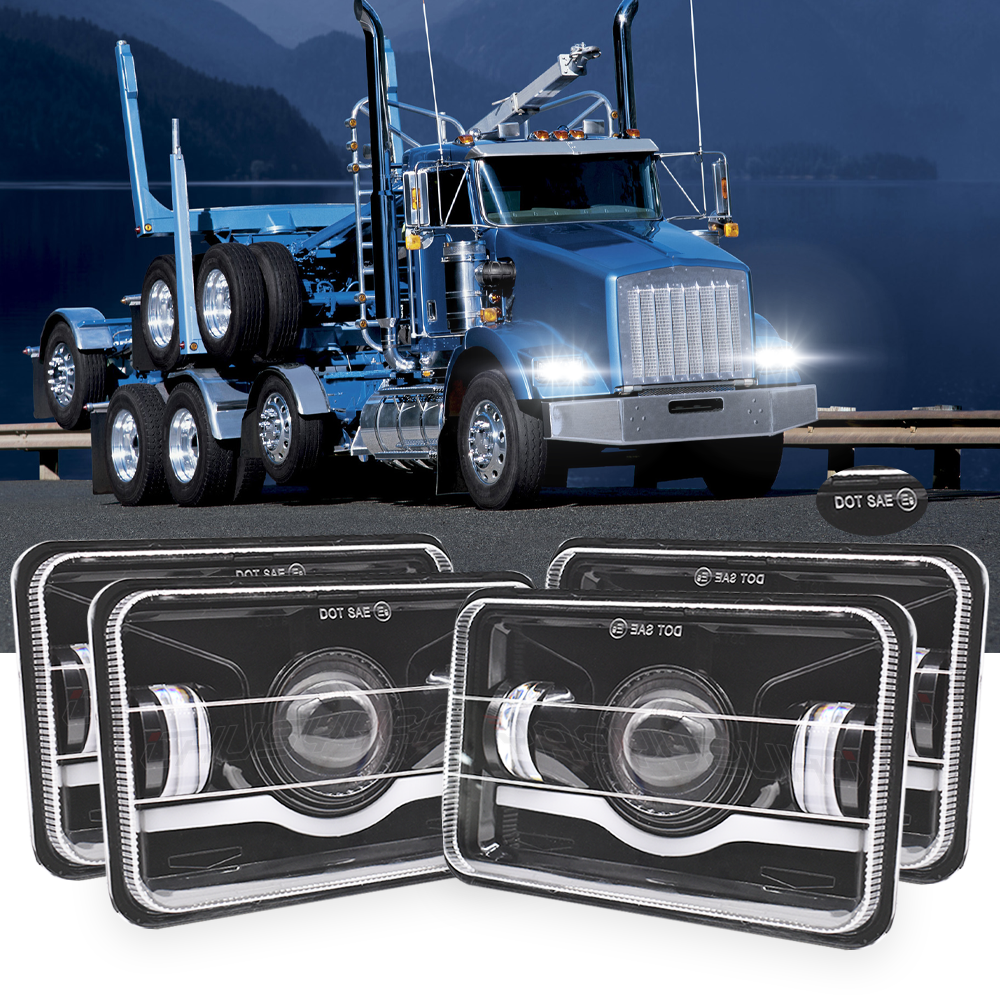 4PCS 4x6" 75W Led Headlights Hi-Lo Sealed Beam for Peterbilt Kenworth ...