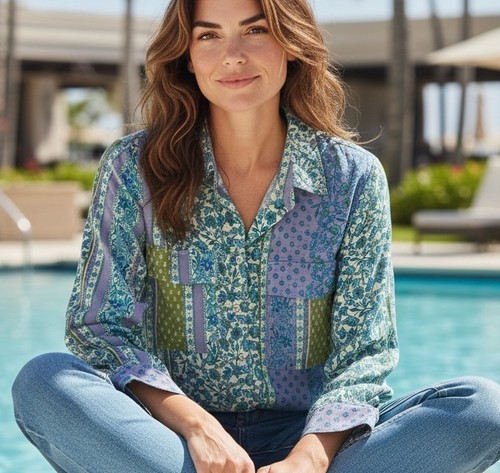 Fred David Size 1X Patchwork Blue Floral Button Up Womens Boho Top ...