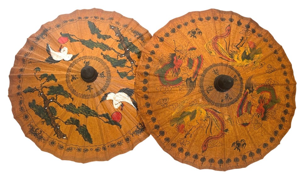 Oriental Handpainted Dragon Sun Parasol / Wooden Theatre Umbrella Prop ...