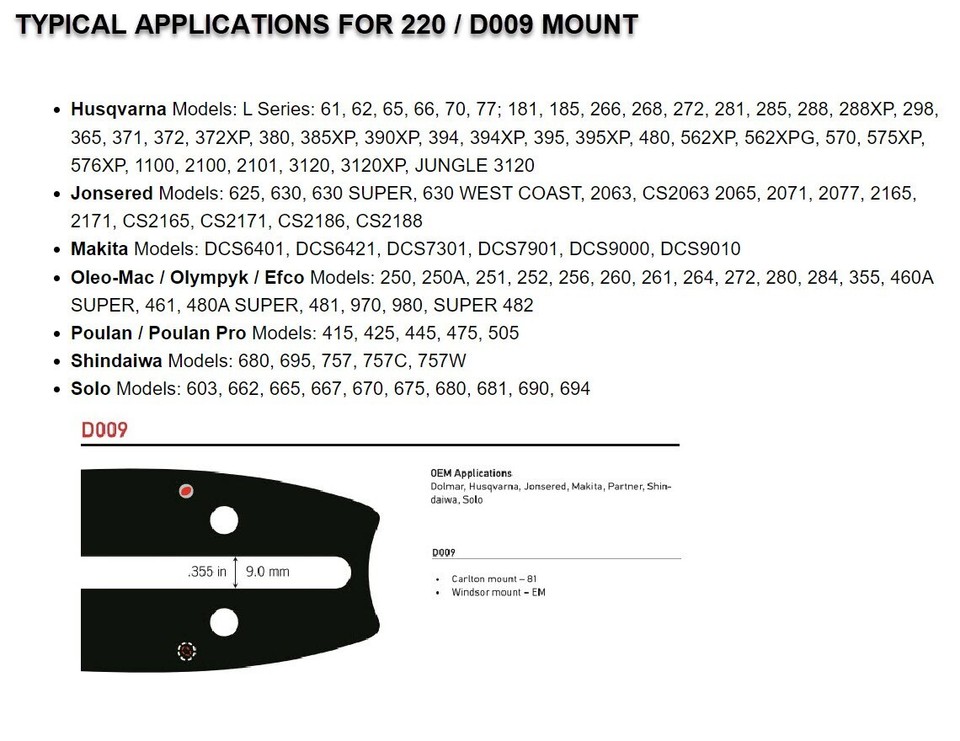 20" Chainsaw Ultra Lite Bar D009 Mount Fits Husqvarna Saws Uses 3/8 ...