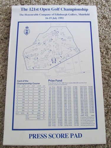 PRESS SCORE PAD 1992 OPEN CHAMPIONSHIP AT MUIRFIELD WON BY NICK FALDO ...