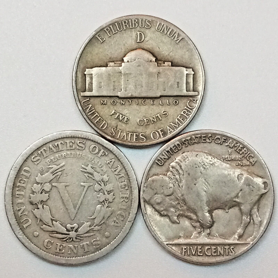US COINS- Silver WW2 Nickel, Liberty Nickel, Buffalo Nickel- 3 Coin Set ...