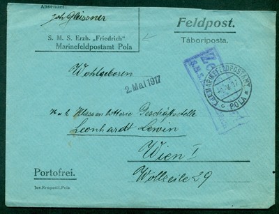 1917, Hungary Naval cover, ship “ERZH. FRIEDRICH” blue boxed two line ...