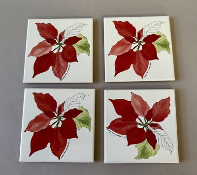 4 Block Spal MARY LOU GOERTZEN Christmas Poinsettia Ceramic Coasters ...