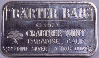1973 Barter Bar Crabtree Mint 1 troy oz .999 fine silver bar 1/4 oz ...