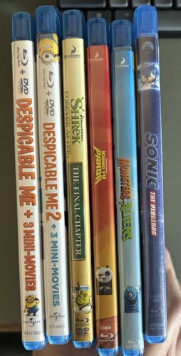 Lot Of 6 Blu-ray Movies Despicable Me, Sonic, King-Fu Panda, Shrek, Mon ...