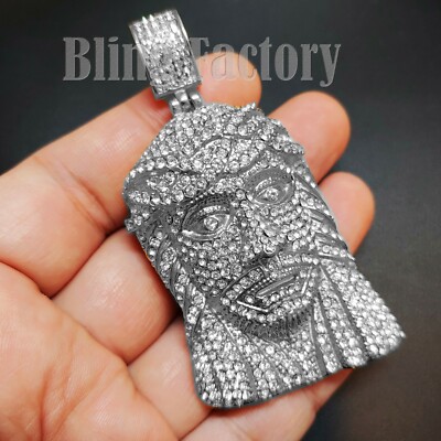 HIP HOP RAPPER STAINLESS STEEL LARGE FULL ICED JESUS HEAD BLING CHARM ...
