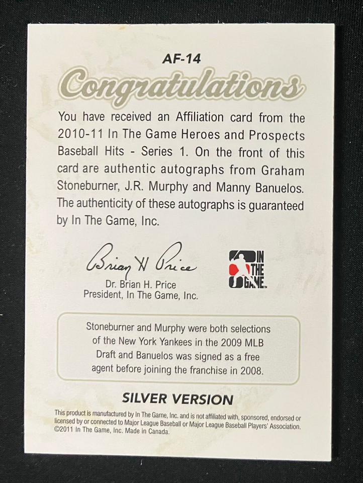 MANNY BANUELOS JR MURPHY GRAHAM STONEBURNER YANKEES 2011 ITG HEROES ...