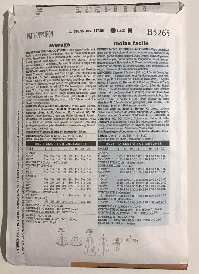 Butterick 5265 Historical Costume CAPE FLARED SKIRT MUFF 14-20 New ...