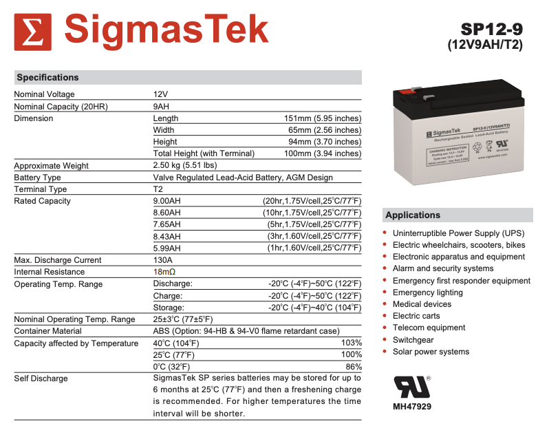Ritar RT1280-F2 SLA Battery Replacement by SigmasTek, 12V 9AmpH F2 | eBay