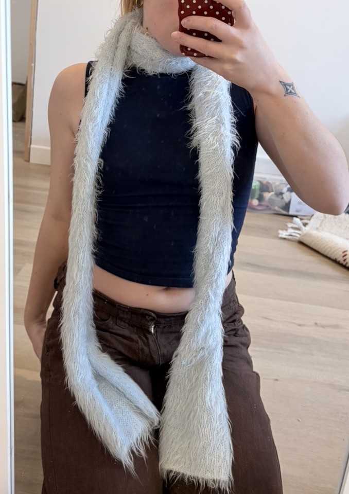 Vintage pale baby blue fluffy Skinny Slim Scarf Frazzled Whimsical Boho ...
