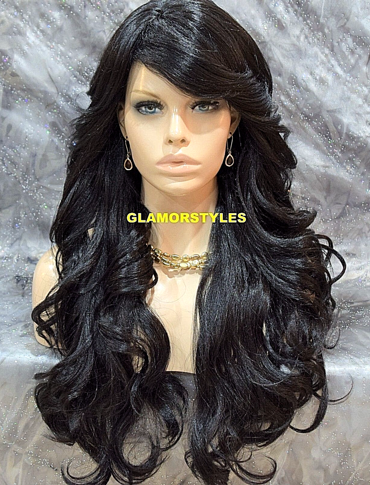 FULL WIG LONG WAVY LAYERED SIDE BANGS SKIN SIDE PART OFF BLACK #1B HEAT ...
