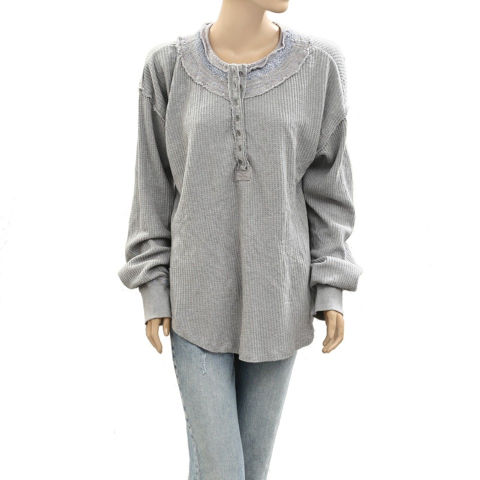 Free People We The Free Holly Henley Tunic Thermal Top Embroidered L ...