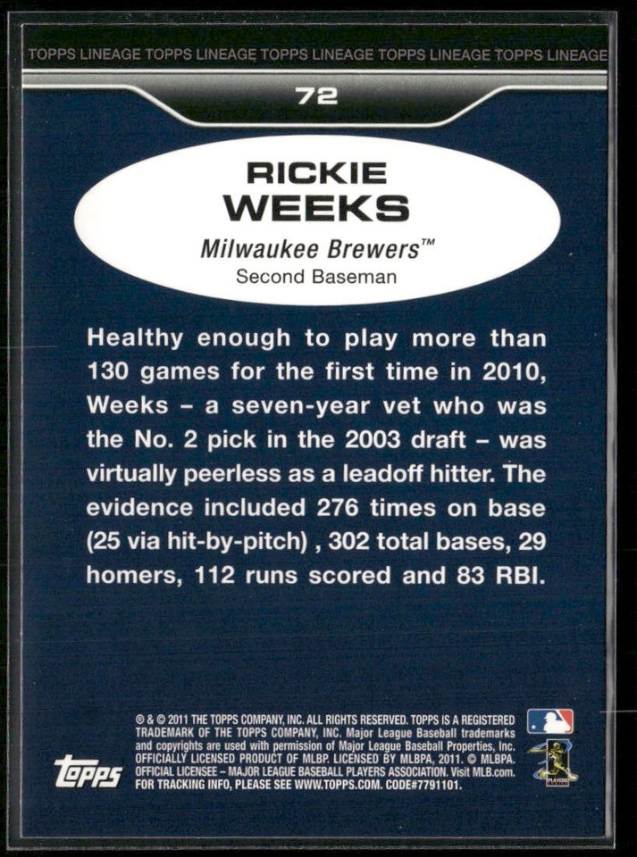 2011 Topps Lineage #72 Rickie Weeks | eBay