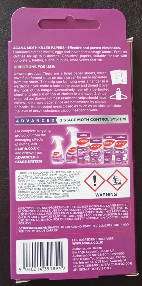 3 Boxes x 10 Moth Killer ACANA Hanging Papers Odourless for Drawers ...