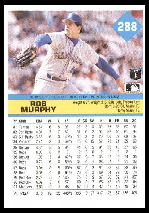 1992 Fleer #288 Rob Murphy Seattle Mariners Baseball Card | eBay