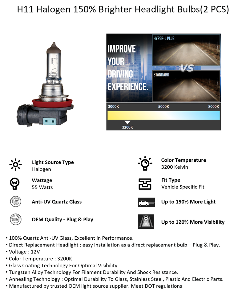 H11 Halogen 12V 55W Super Bright Upgrade Headlight Bulb-150% More Light ...