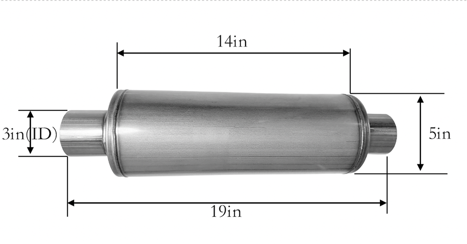 Muffler 3" Inlet/Outlet 19" Overall 5" Round body Performance Hi-Flow ...