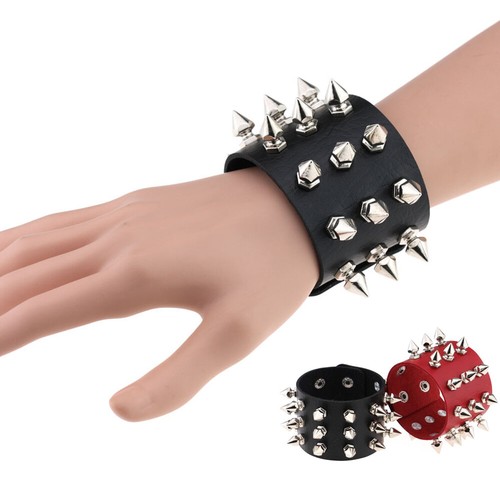 Punk Spike Studed Cuff Bracelet Wristband Multi-layer Leather Wide ...
