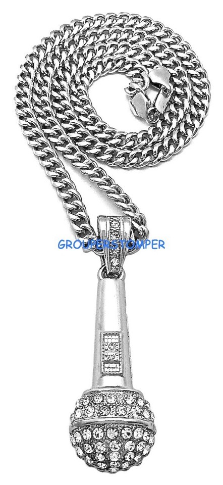 Microphone Necklace Rhinestone Pendant with Cuban Link Chain Mic DJ | eBay