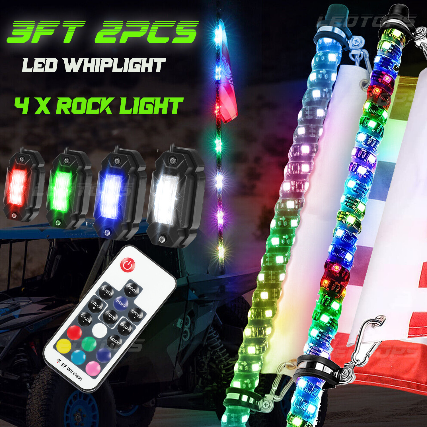2X 3ft Lighted Spiral LED Whip Antenna w/Flag + 4 Pods RGB Rock Lights ...