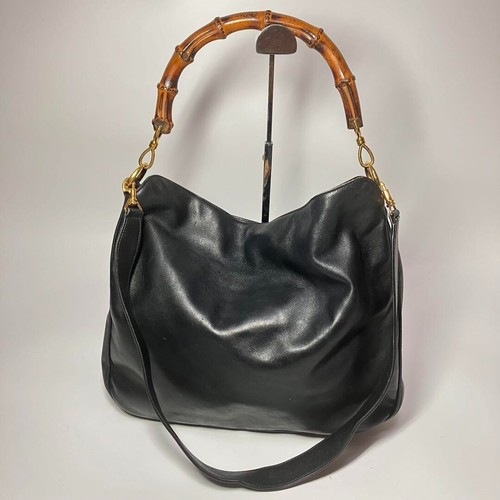 Beautiful Inside Gucci Vintage Tote Bag Black Bamboo Leather Used | eBay